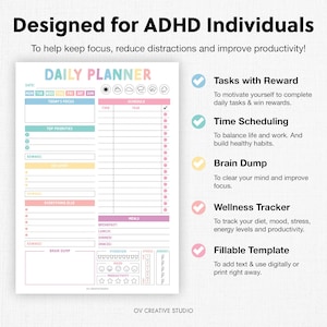 Editable ADHD Daily Planner | Printable, Digital | Daily Focus Template ...
