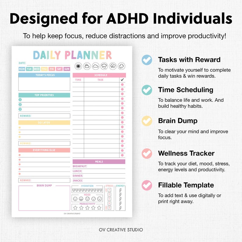 Editable ADHD Daily Planner | Printable, Digital | Daily Focus Template ...