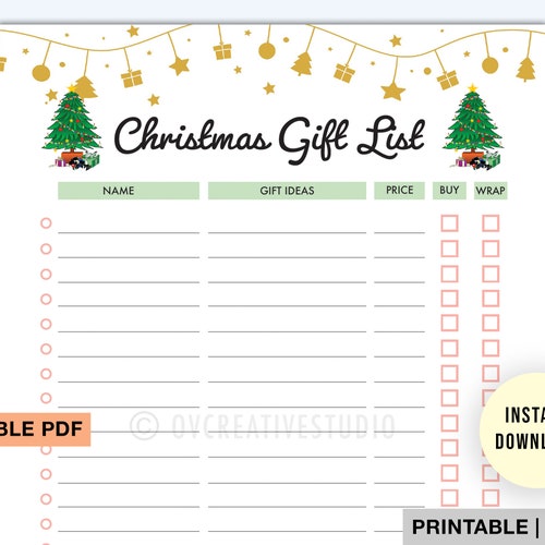 Christmas Gift List Printable Fillable Editable PDF - Etsy