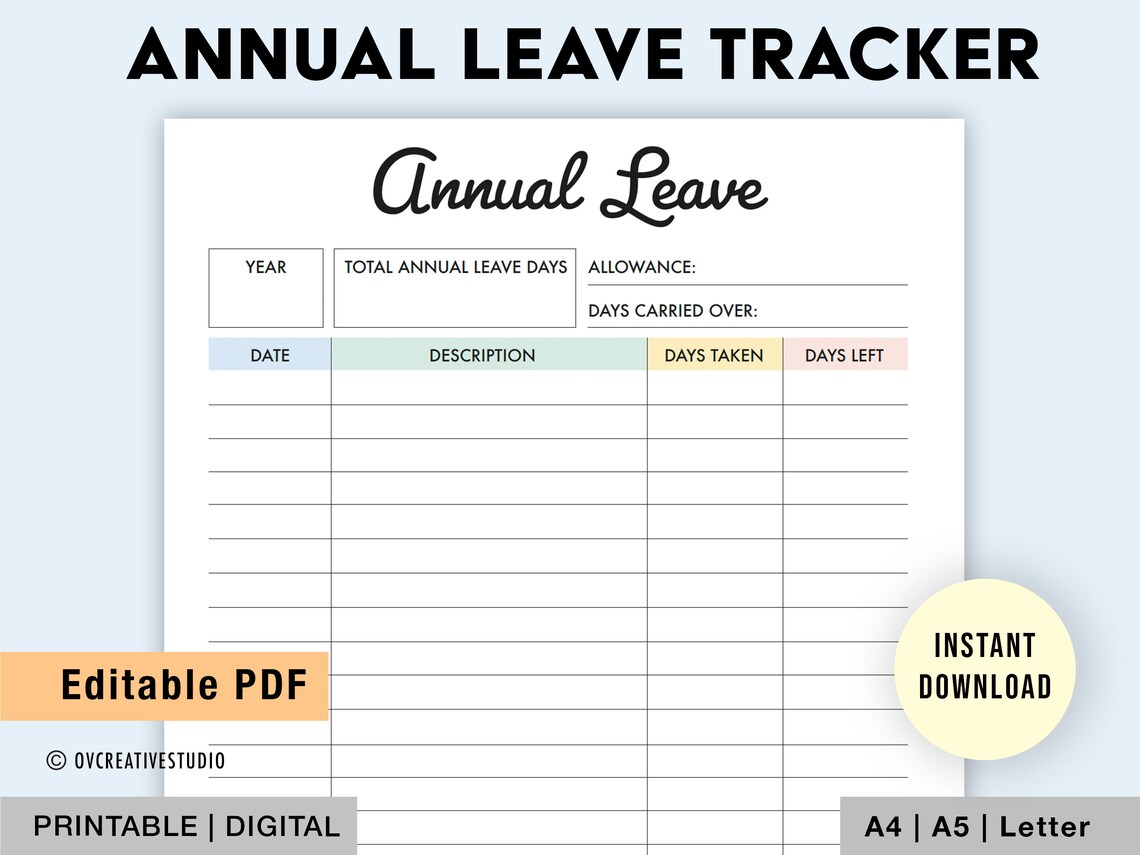 Editable Annual Leave Tracker | Printable | Holiday Tracker | Work ...