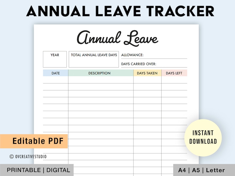 Editable Annual Leave Tracker | Printable | Holiday Tracker | Work ...