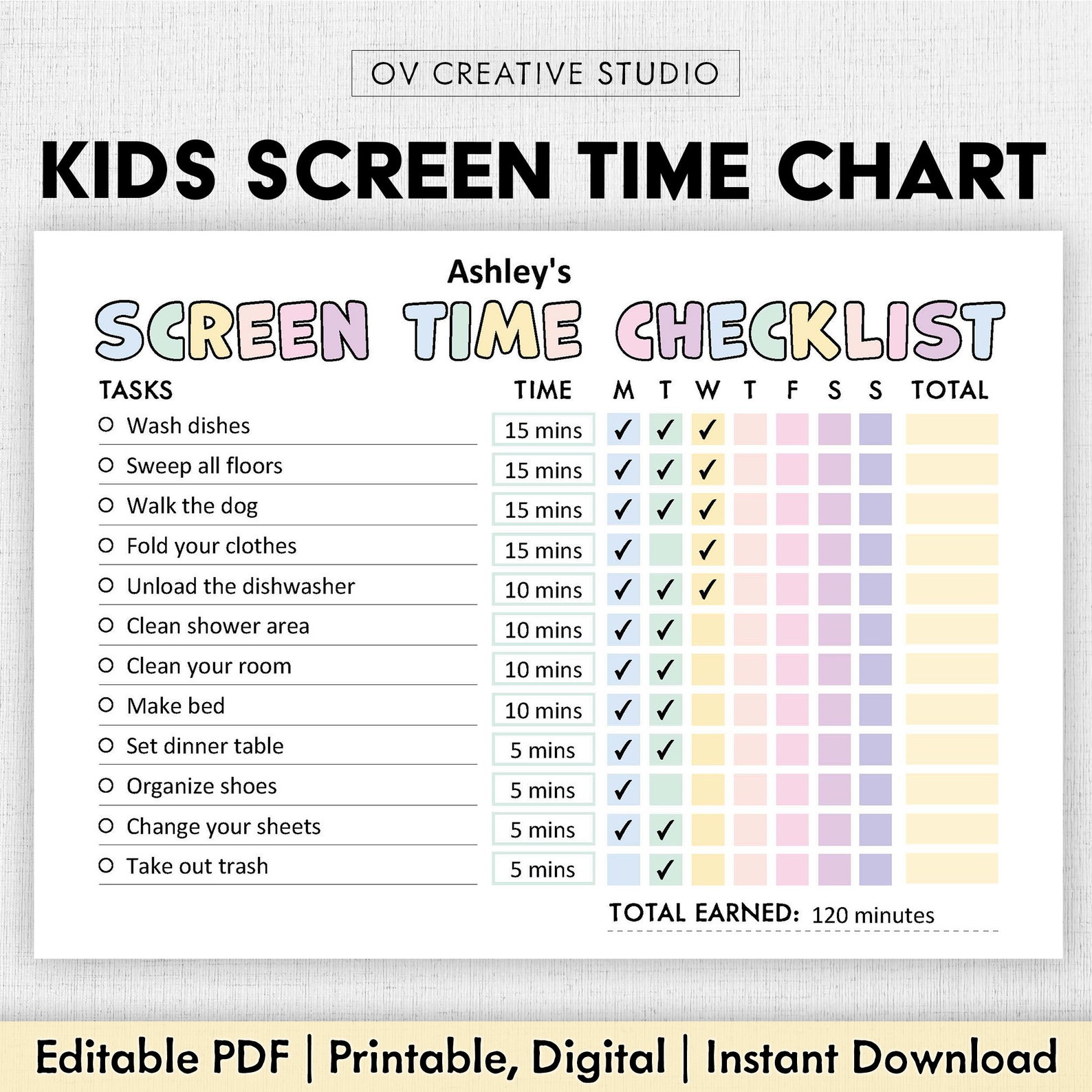 Editable Screen Time Chart Kids | Printable, Digital | Screen Time ...