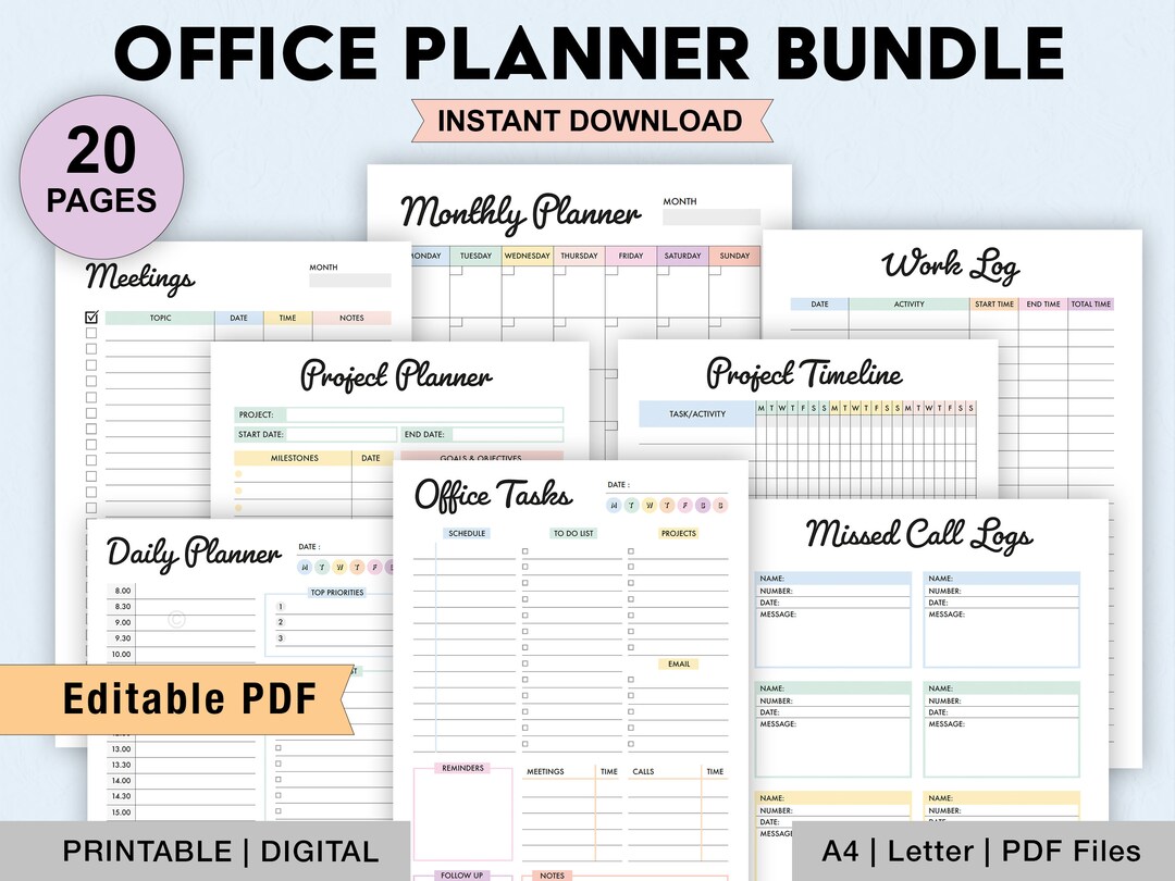 Editable Office Task Planner Bundle, Printable Work Schedule Planner ...