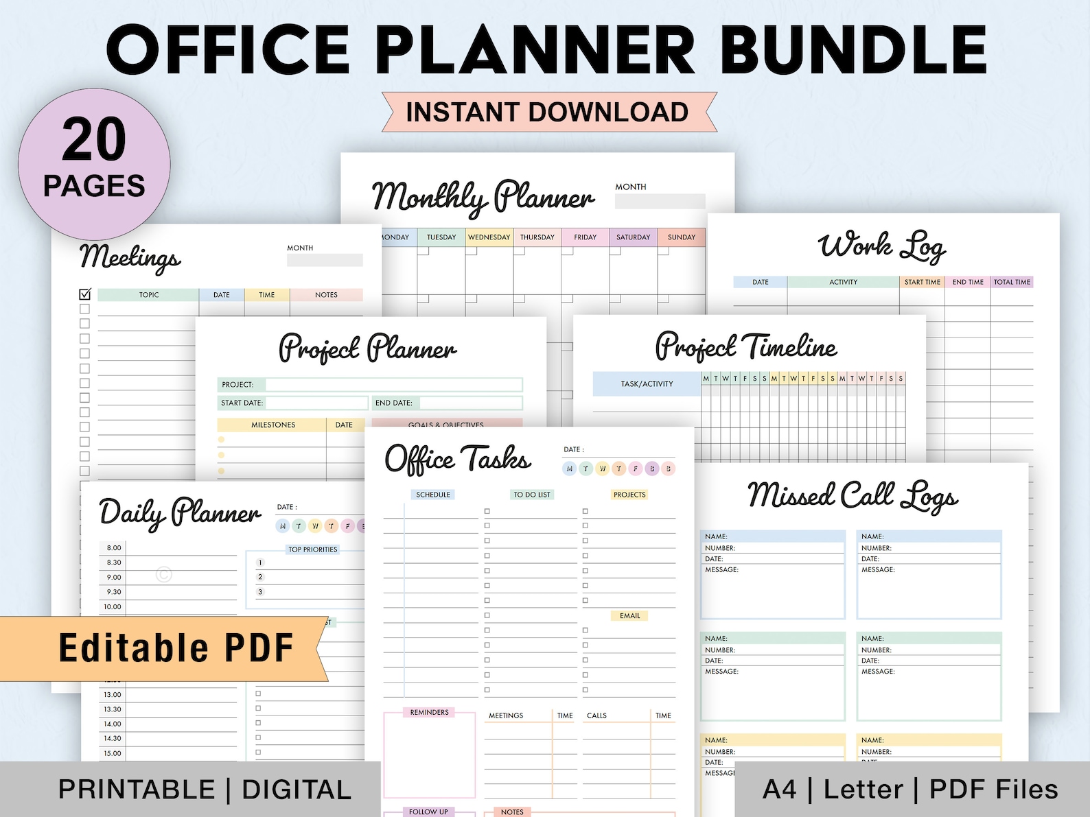 Editable Office Task Planner Bundle, Printable Work Schedule Planner ...