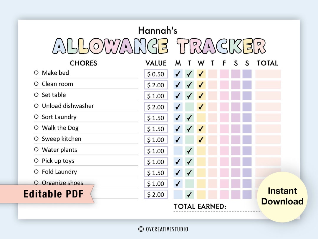 Editable Allowance Tracker Kids Earn Money Chart Daily - Etsy