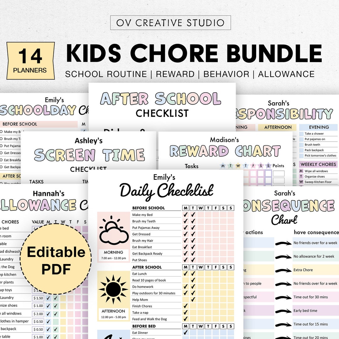 Editable Kids Chore Charts, Reward, Allowance, Screen Time, School ...