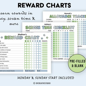 Editable Kids Chore Charts, Reward, Allowance, Screen Time, School ...