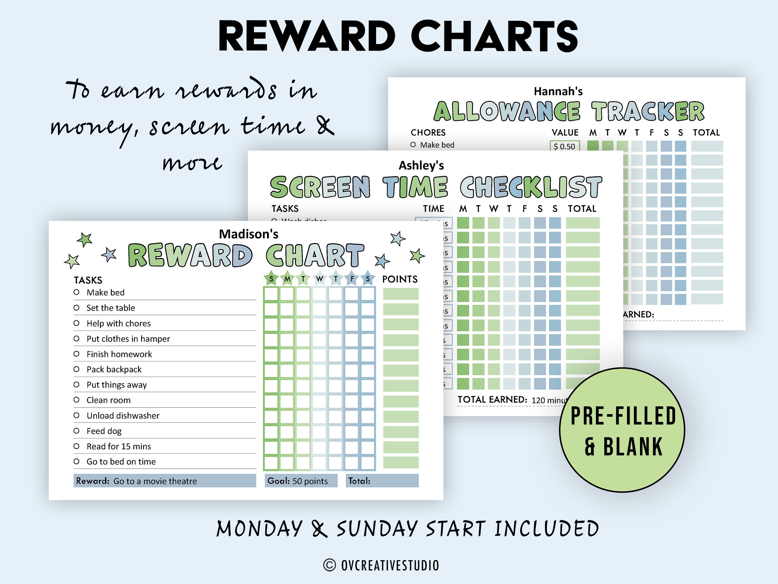 Editable Kids Chore Charts, Reward, Allowance, Screen Time, School ...