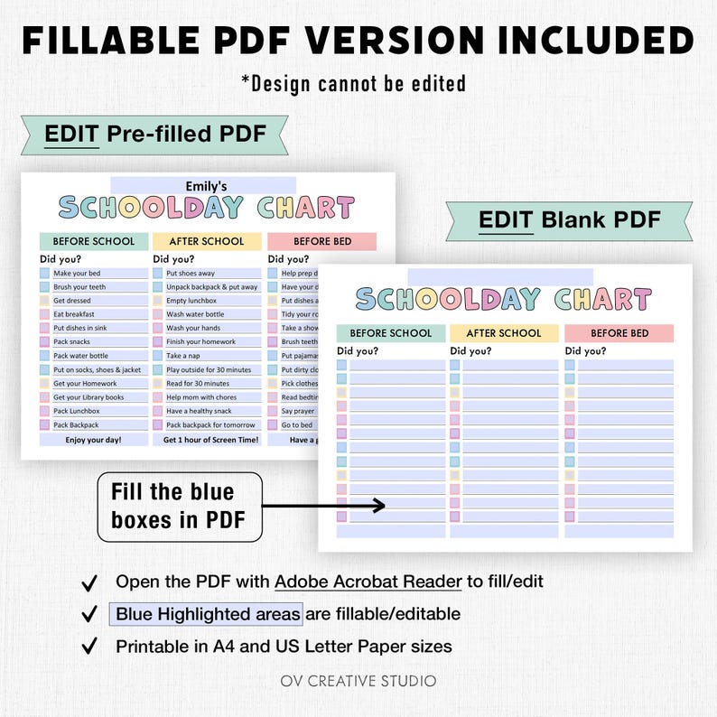 Editable Schoolday Checklist for Kids | Printable | Kids Chore Chart ...