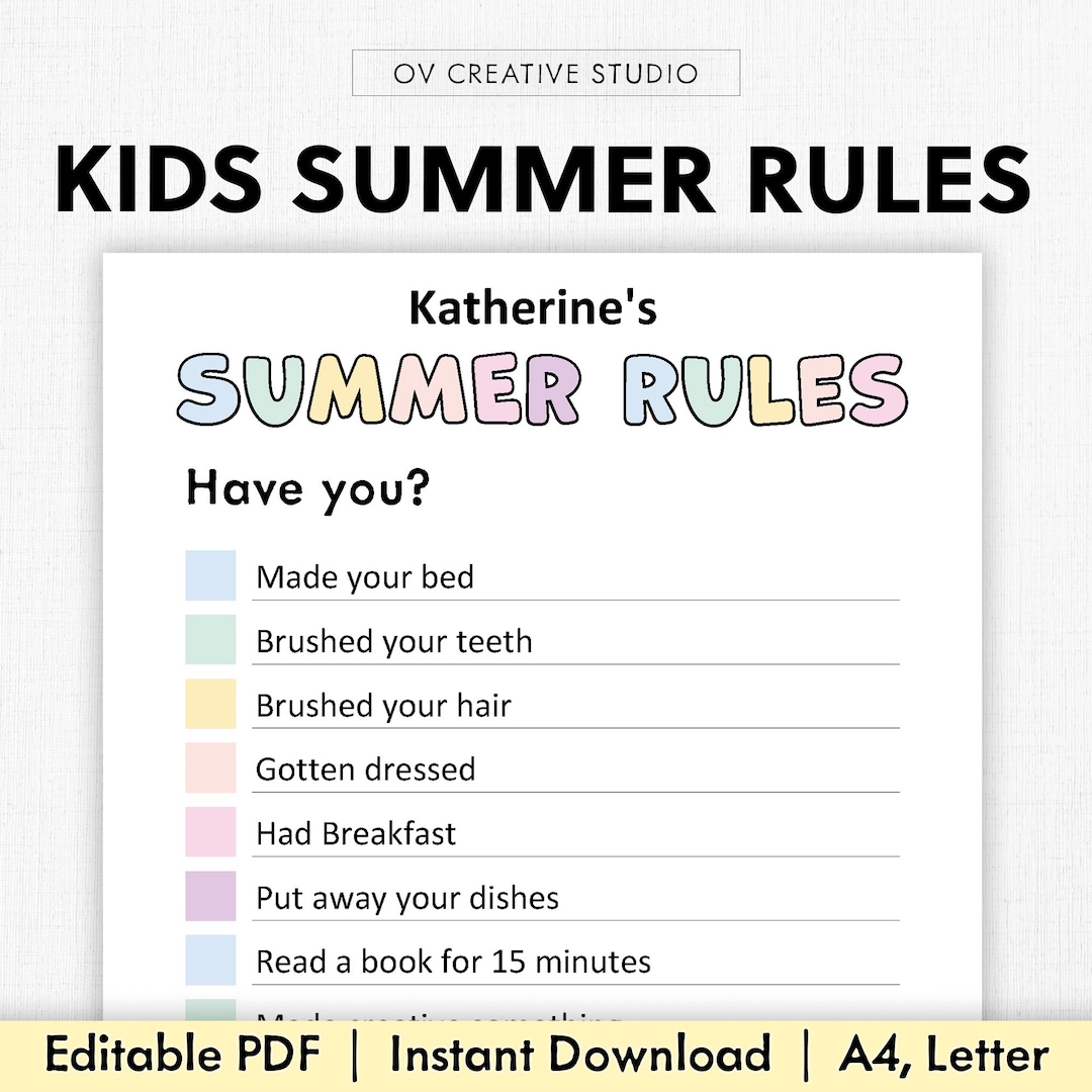 Editable Summer Rules for Kids | Printable Summer Rules | Summer ...