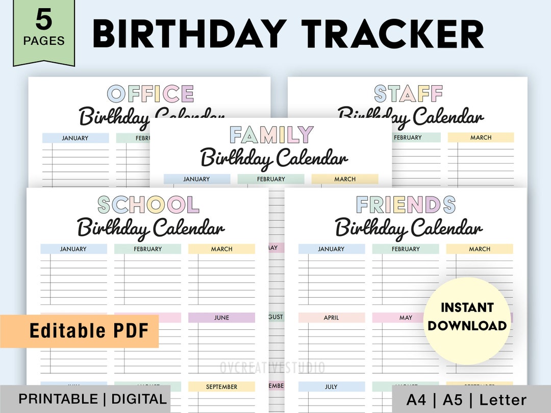Editable Birthday Tracker List | Printable Birthday Calendar | Family ...