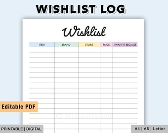 Wishlist Tracker Printable Things to Buy Editable Want - Etsy