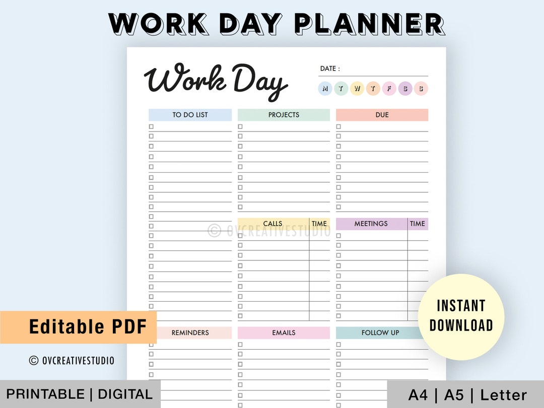 Editable Work Day Planner | Printable Work Day Organiser | Office Task ...