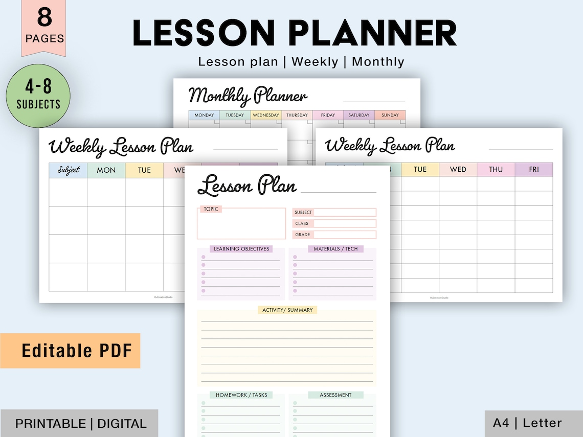 Editable Lesson Planner Printable Digital Weekly Lesson - Etsy