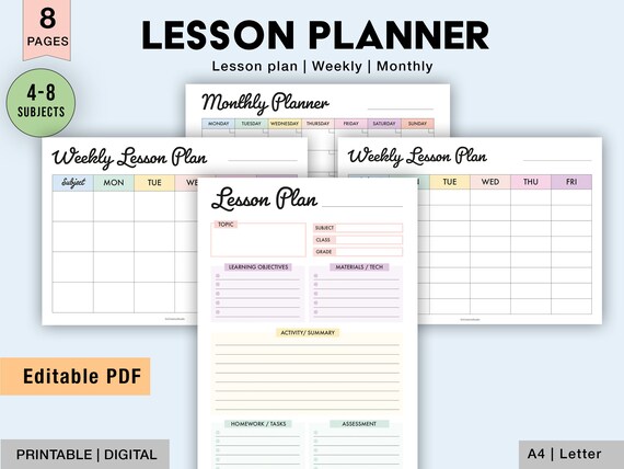 Editable Lesson Planner Printable Digital Weekly Lesson - Etsy