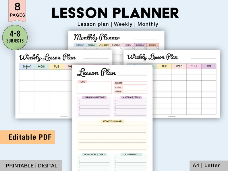 Editable Lesson Planner Printable Digital Weekly Lesson - Etsy