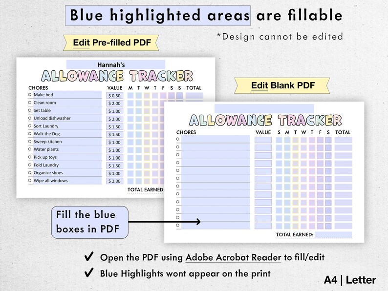 Editable Allowance Tracker Kids | Earn Money Chart | Daily Weekly ...