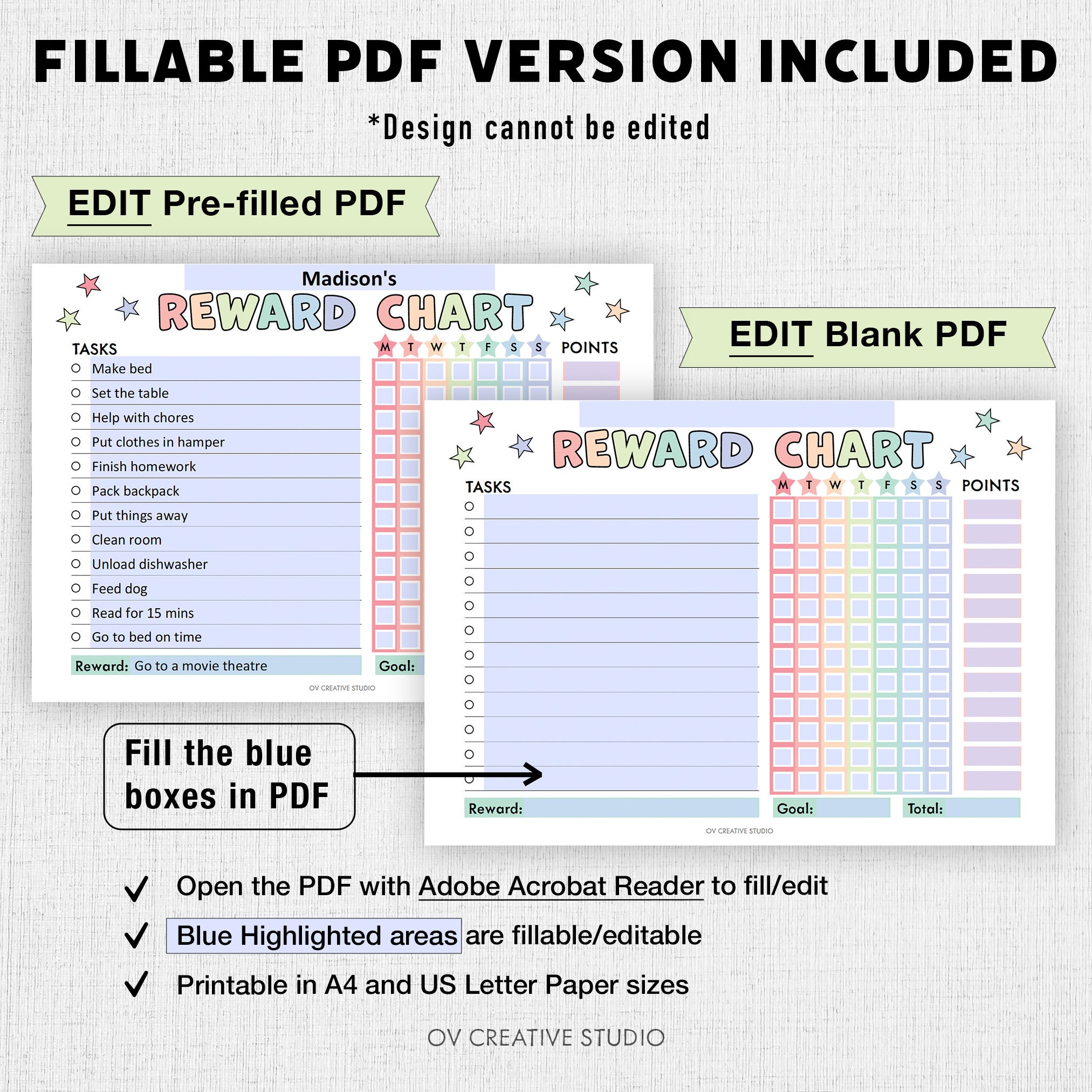 EDITABLE Reward Chart for Kids | Printable, Digital PDF | Weekly Chore ...