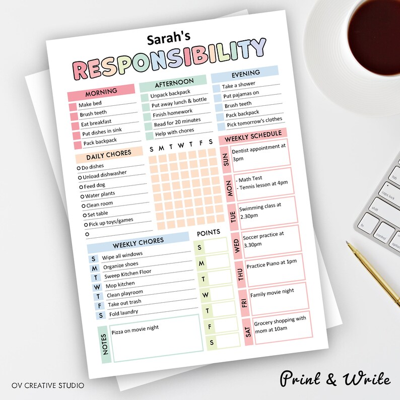 Editable Responsibility Chore Chart for Kids | Printable | Children ...
