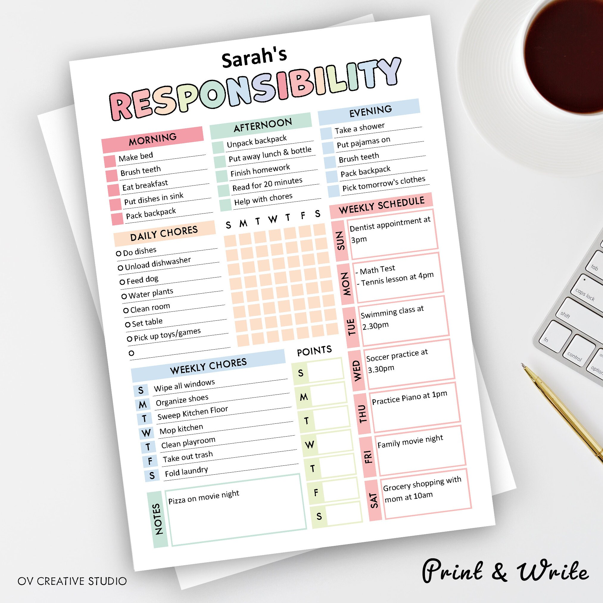 Editable Responsibility Chore Chart for Kids | Printable | Children ...
