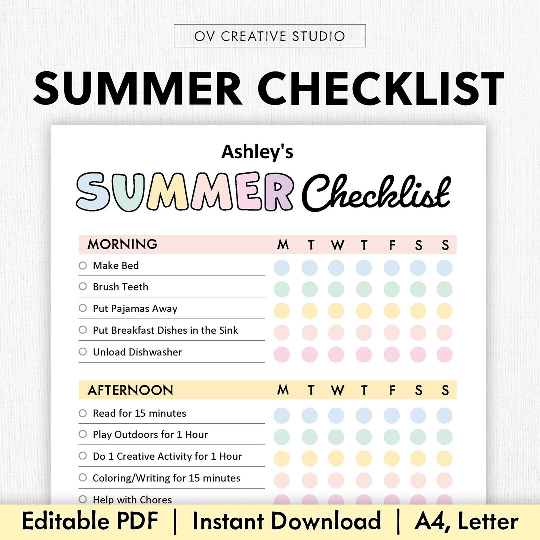 Editable Summer Checklist for Kids | Printable | Kids Responsibility ...