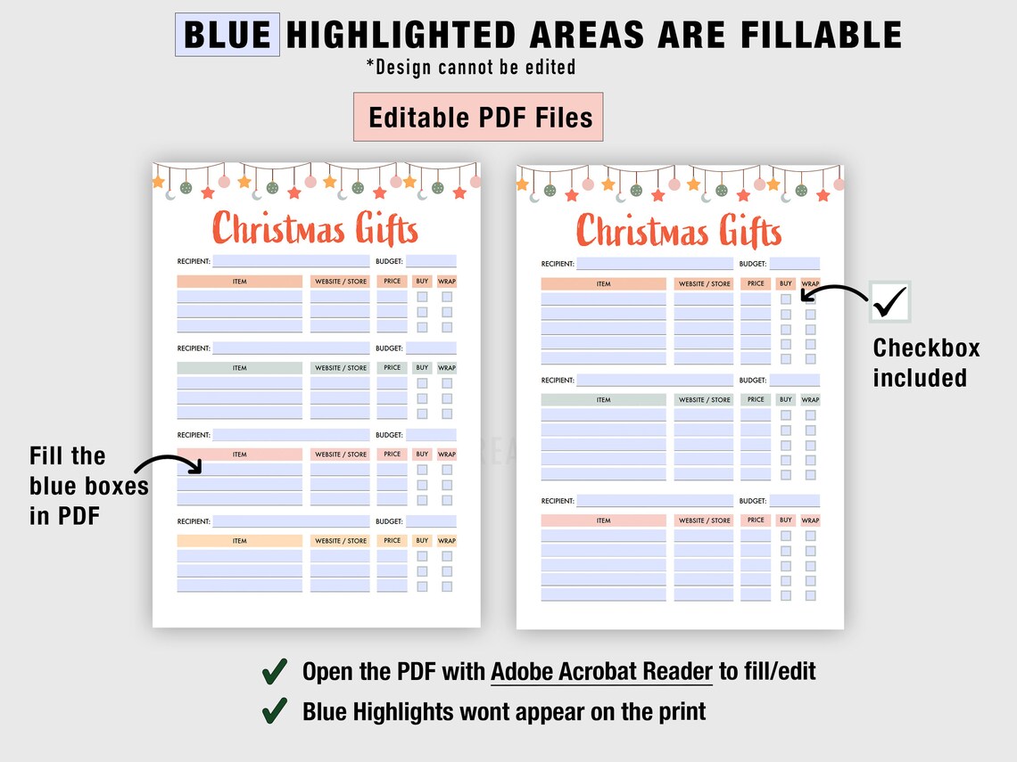 Christmas Gift List Printable Fillable Editable PDF - Etsy