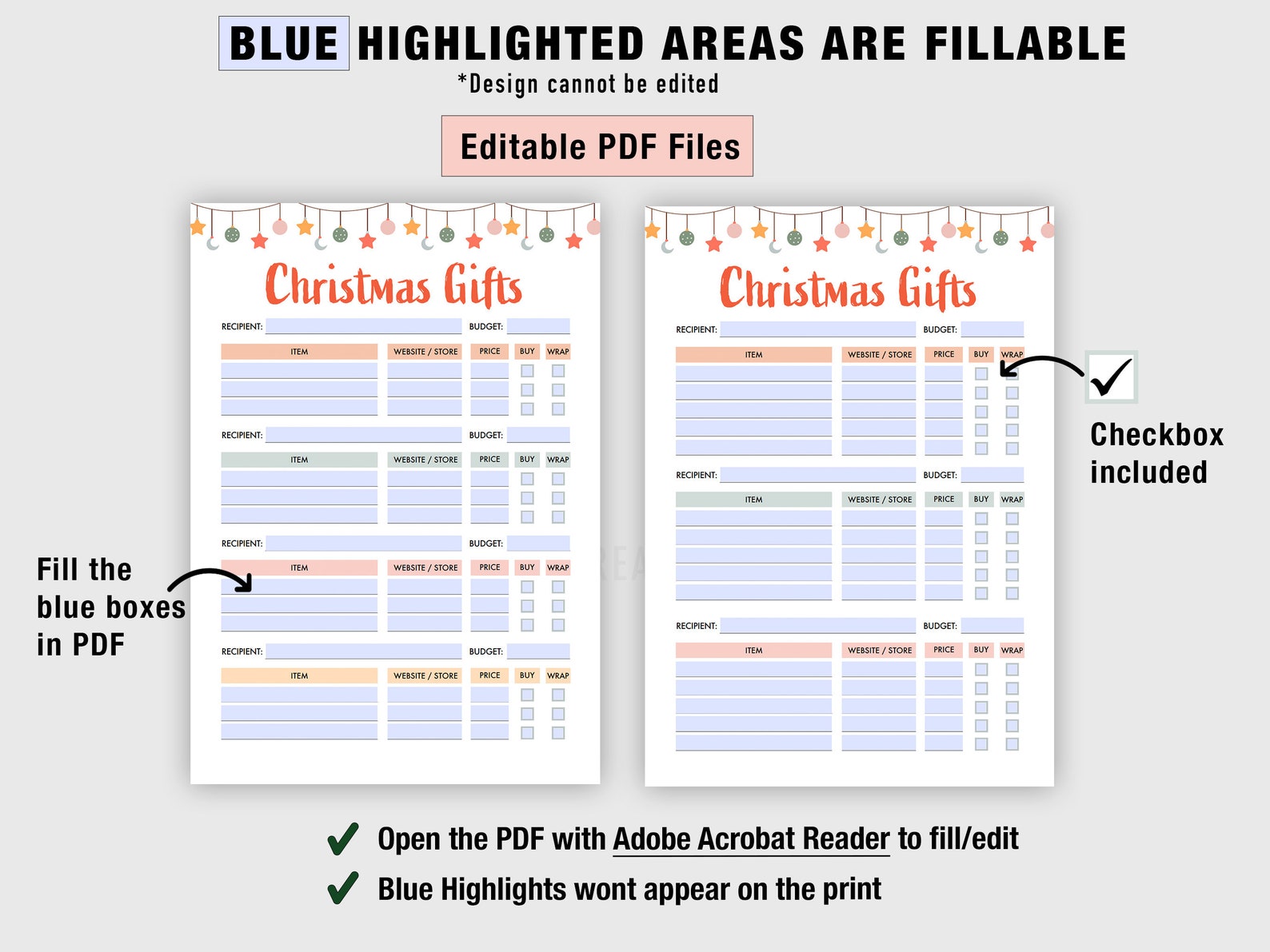 Christmas Gift List Printable | Fillable | Editable PDF | Christmas ...