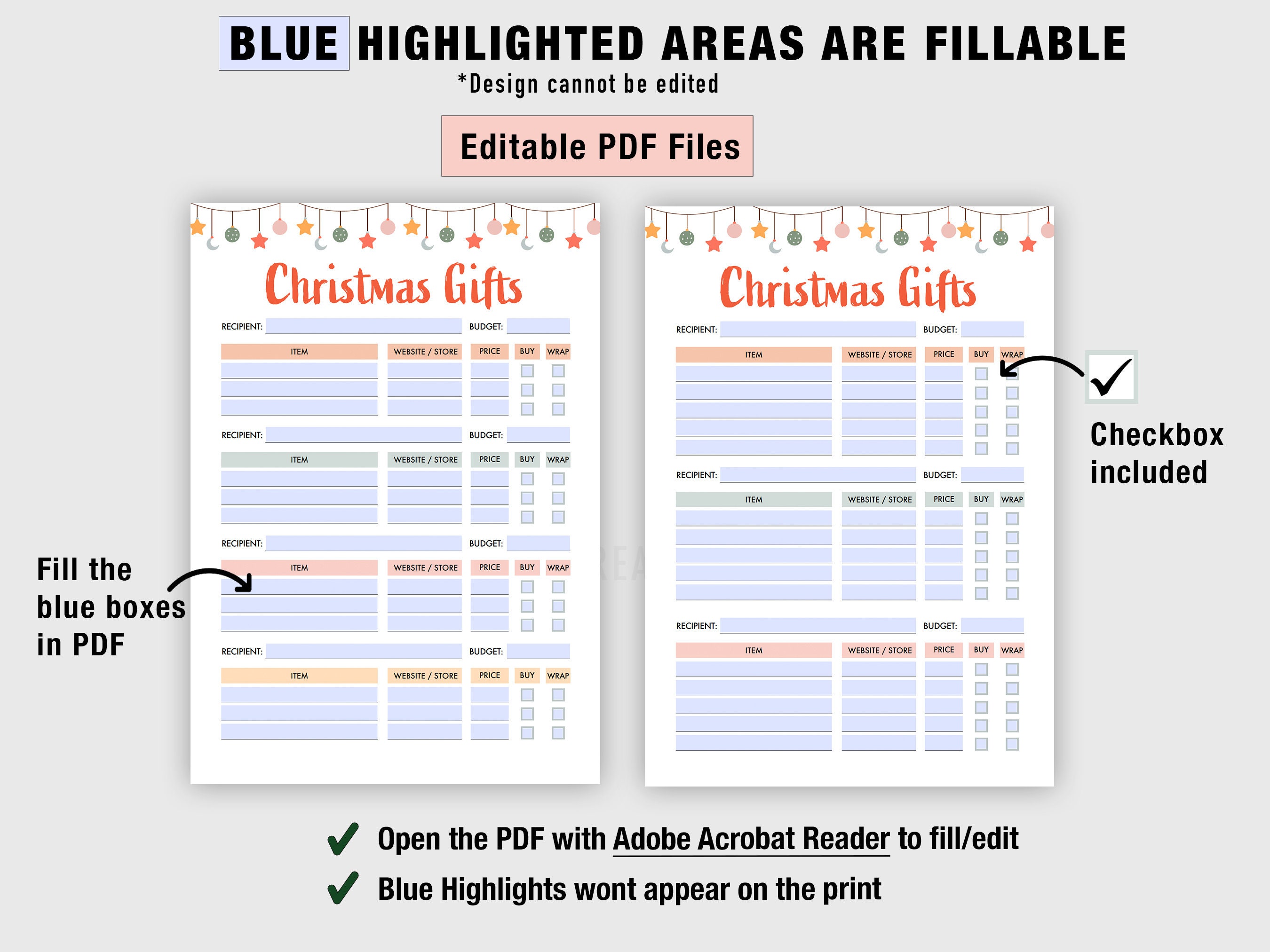 Christmas Gift List Printable Fillable Editable PDF - Etsy UK