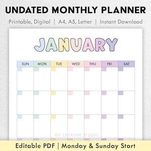 Undated Monthly Calendar, Portrait, Printable Undated Monthly Planner ...