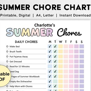 Editable Summer Chore Chart for Kids Printable Digital - Etsy UK
