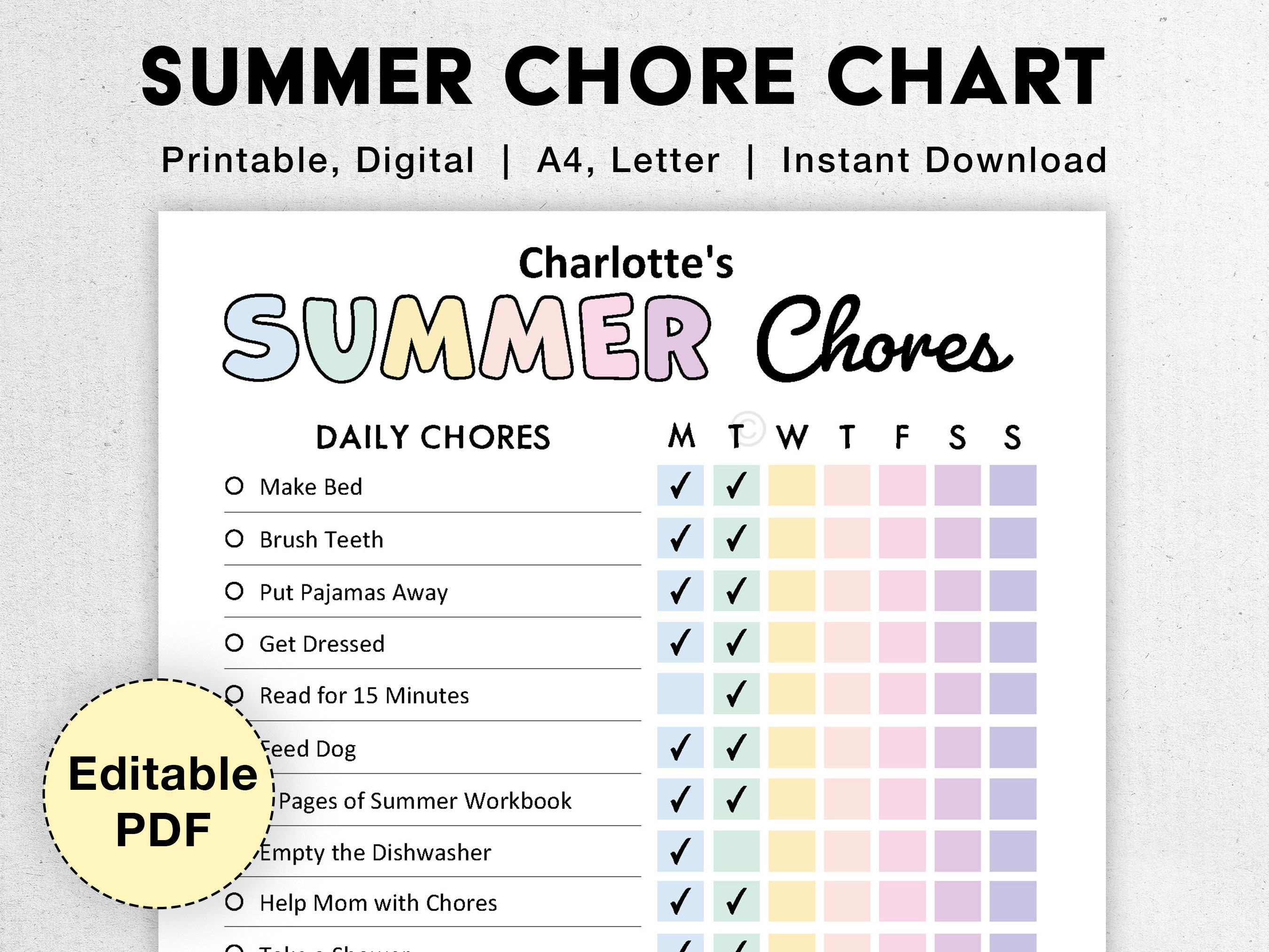 Editable Summer Chore Chart for Kids Printable Digital - Etsy UK