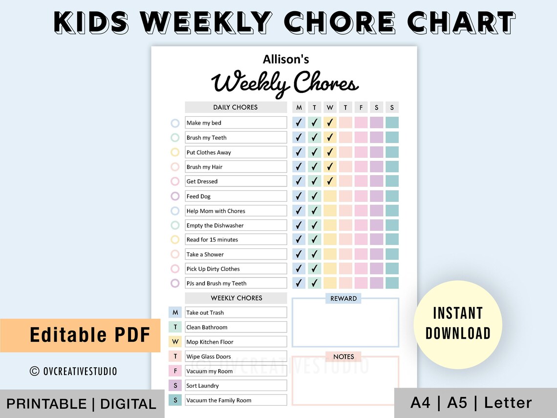 Editable Weekly Chore Chart for Kids | Printable | Kids Daily ...