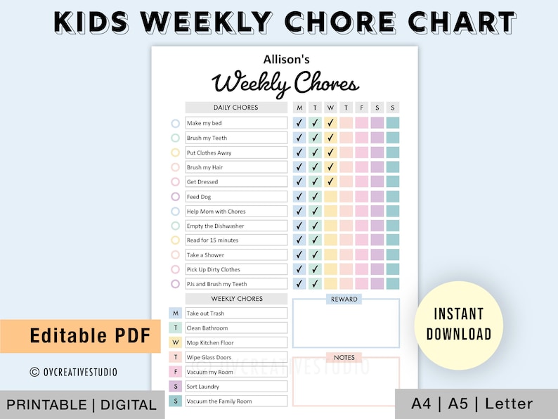 Editable Weekly Chore Chart for Kids Printable Kids Daily - Etsy