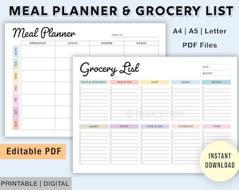 Editable Weekly Meal Planner, Grocery List Printable, Digital Meal Prep ...