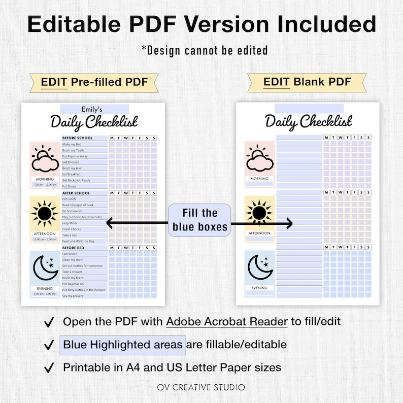 Editable Daily Checklist for Kids | Printable | Kids Responsibility ...