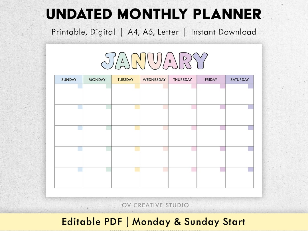 Undated Monthly Calendar, Landscape, Printable Undated Monthly Planner ...