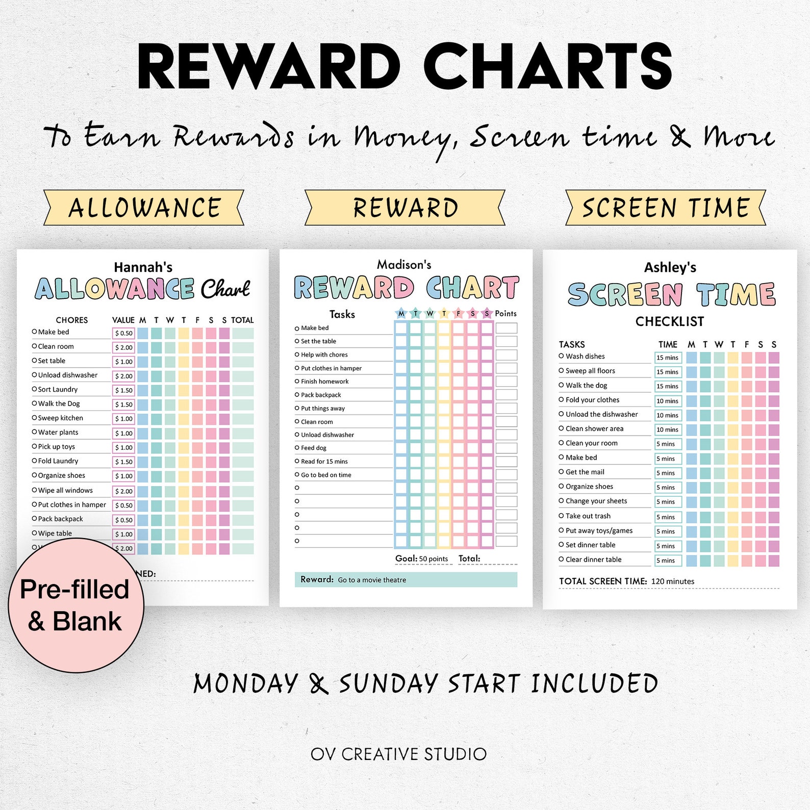 EDITABLE Kids Chore Charts, Reward, Allowance, Screen Time, School ...