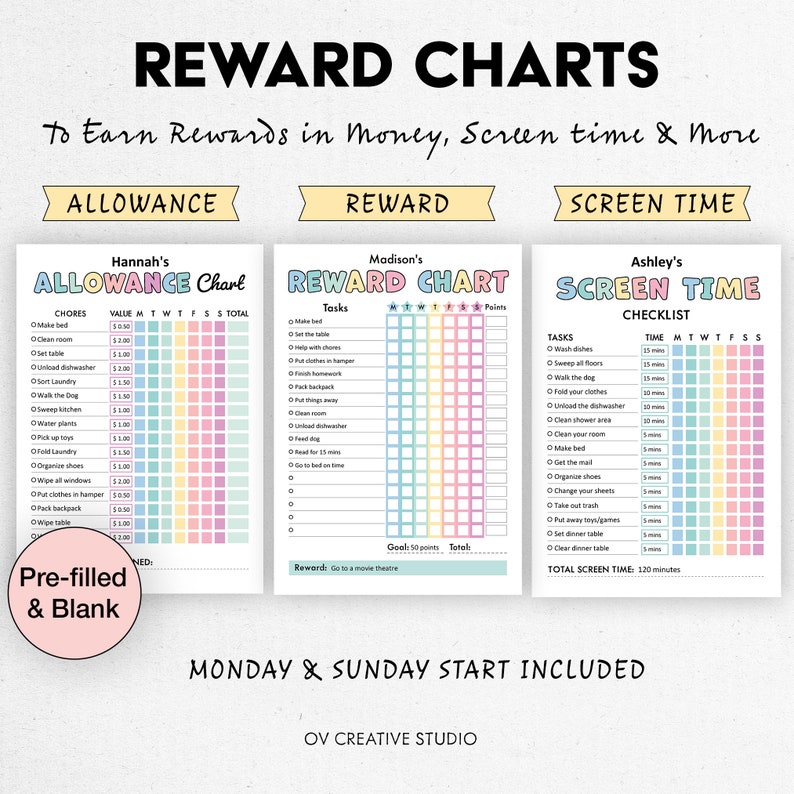 EDITABLE Kids Chore Charts, Reward, Allowance, Screen Time, School ...