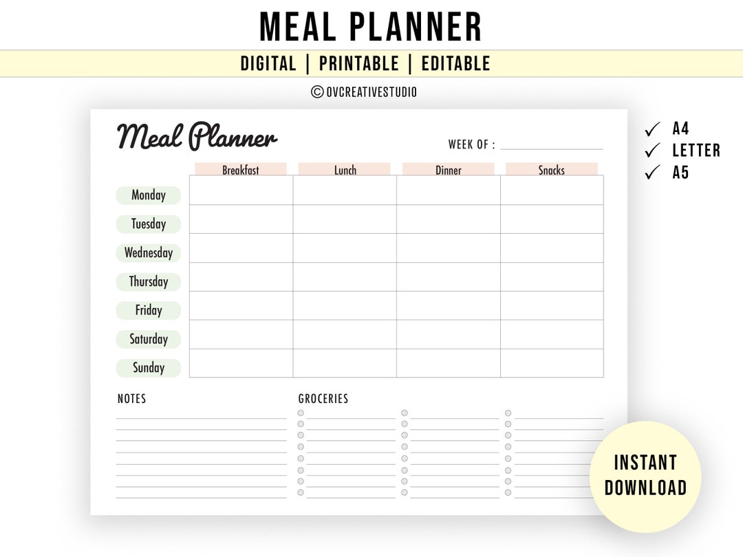 Editable Meal Planner - Printable, Digital, Fillable Planner | iPad ...