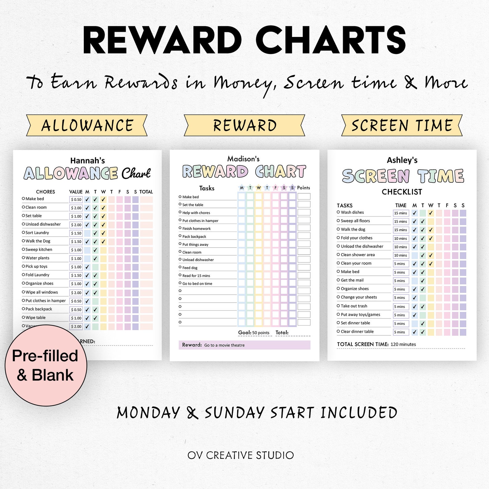Editable Kids Chore Charts, Reward, Allowance, Screen Time, School ...