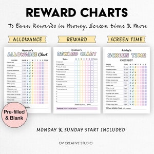 Editable Kids Chore Charts, Reward, Allowance, Screen Time, School ...