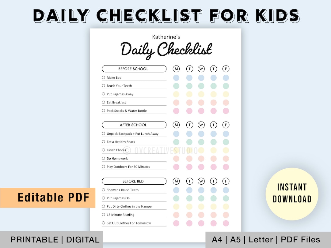 Editable Daily Checklist for Kids | Printable | Kids Responsibility ...