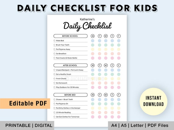 Editable Daily Checklist for Kids Printable Kids | Etsy