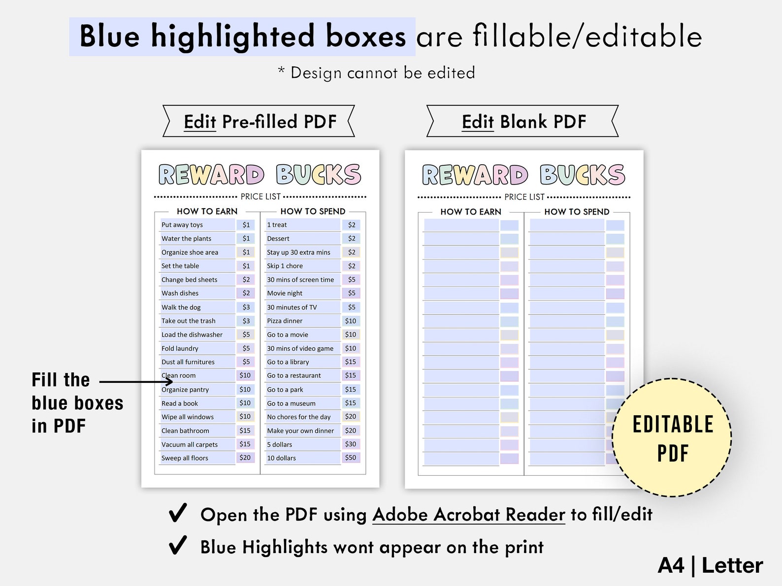 Editable Kids Reward Bucks | Printable | Mom Bucks, PDF Reward System ...