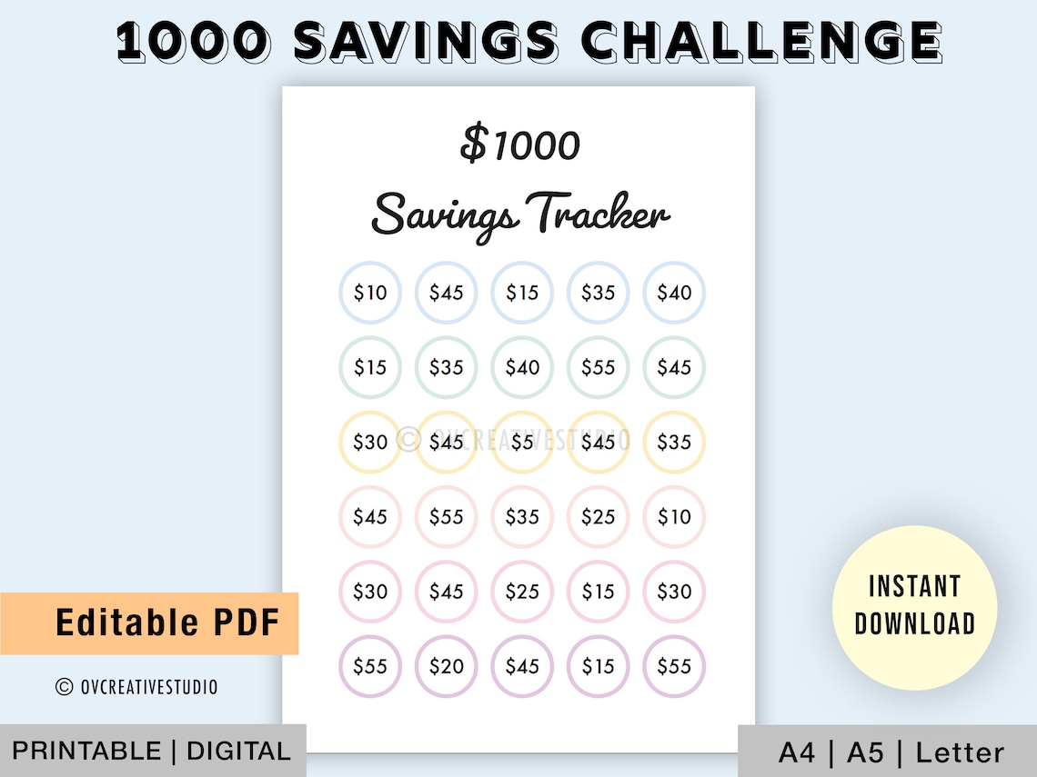 1000 Savings Challenge Printable Digital Savings Tracker | Etsy