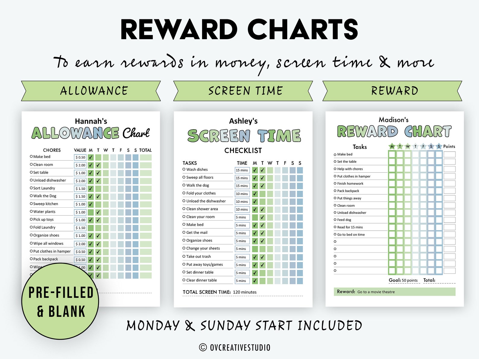 Editable Kids Chore Charts, Reward, Allowance, Screen Time, School ...