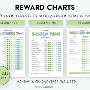 Editable Kids Chore Charts, Reward, Allowance, Screen Time, School ...