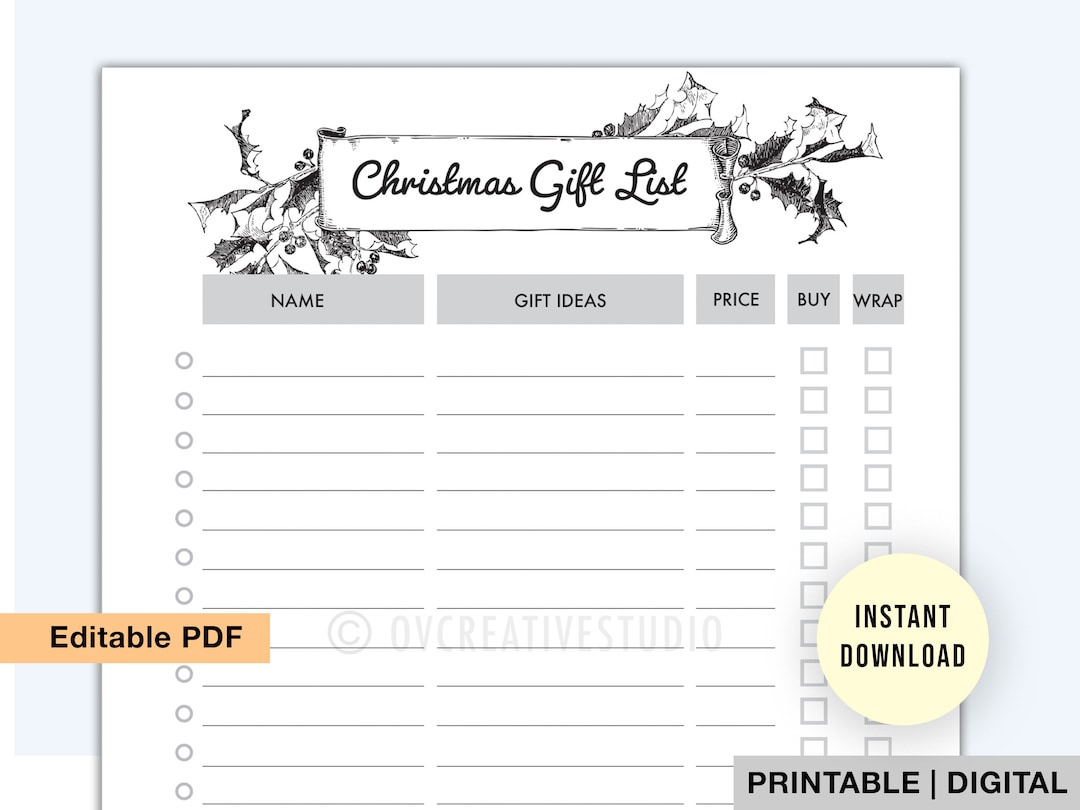 Christmas Gift List Printable | Fillable | Editable PDF | Christmas ...