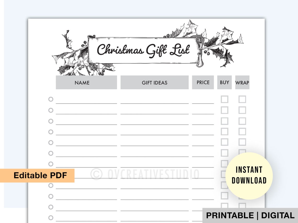 Christmas Gift List Printable Fillable Editable PDF | Etsy