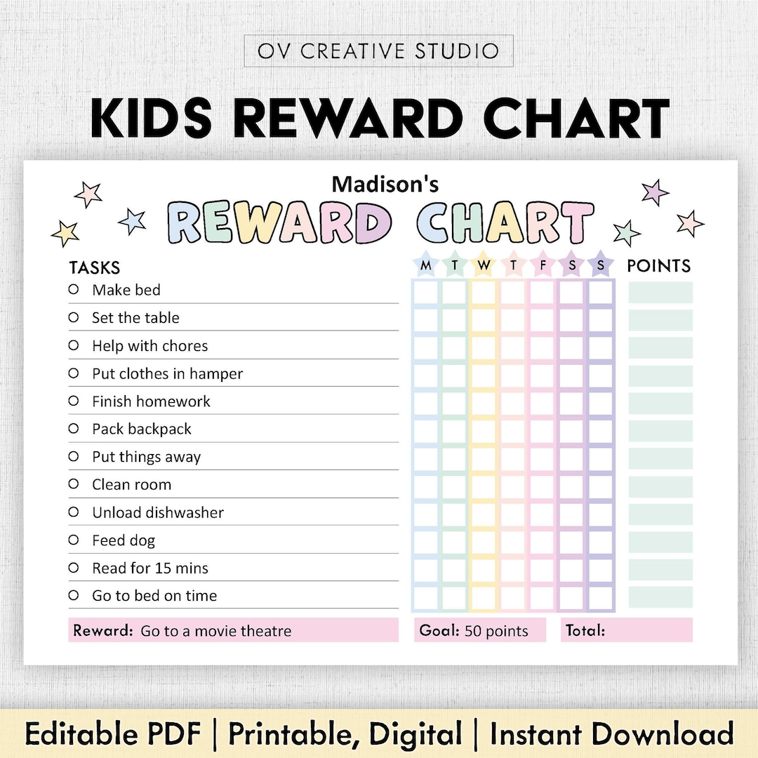 Reward Chart for Kids | Printable, Editable, Digital PDF | Weekly Chore ...